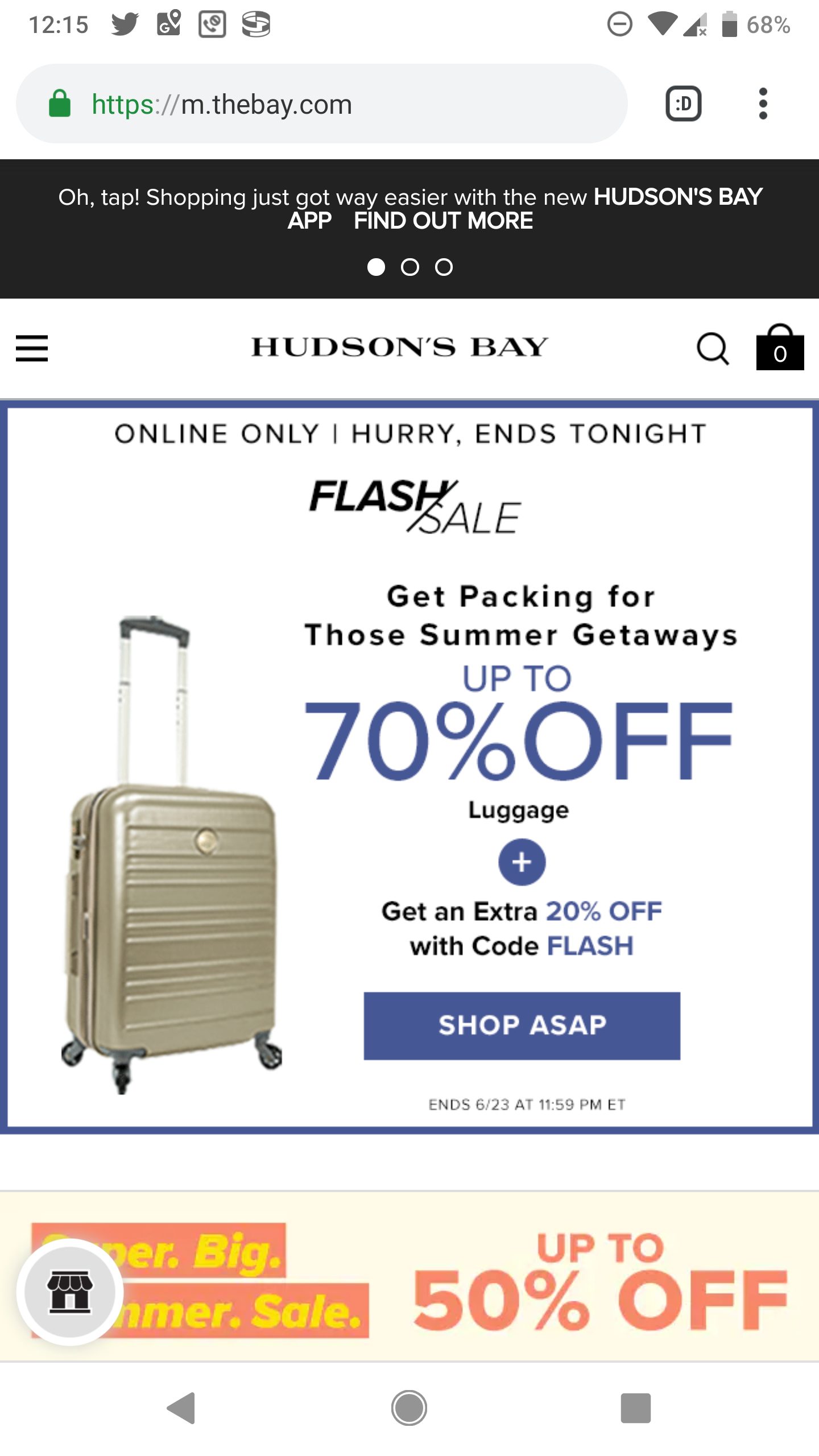 [Hudson's Bay] One Day Only: Up to 70% off on Luggages plus extra 20% ...