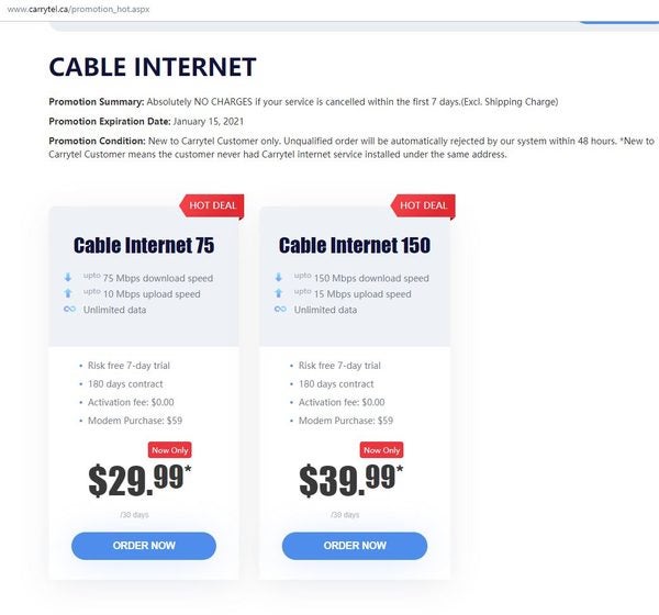 [Carrytel] Unlimited Cable Internet 75M for $29.99/30 days for 3 months ...