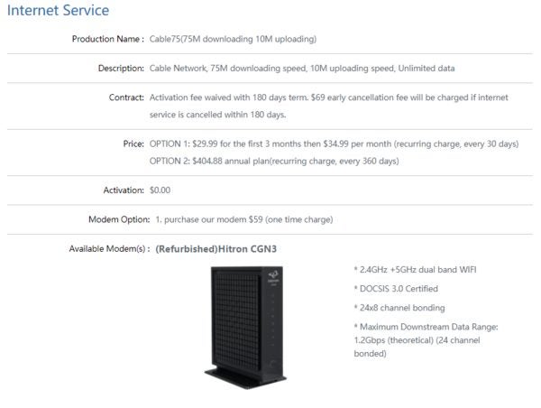 [Carrytel] Unlimited Cable Internet 75M for $29.99/30 days for 3 months ...