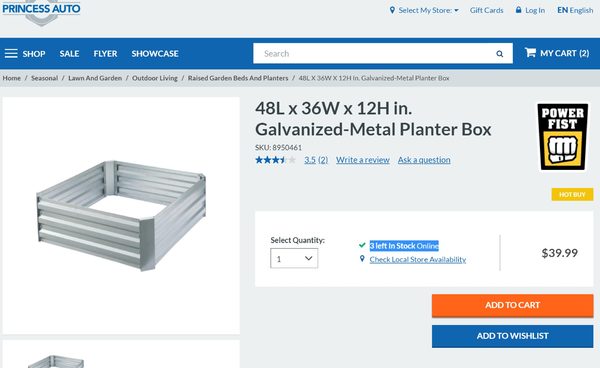 [Princess Auto] 48L x 36W x 12H in. Galvanized-Metal Planter Box - Back ...