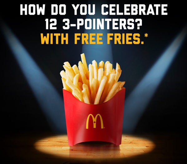 [McDonalds] Free medium fries (with $1 purchase) when the Raptors score ...