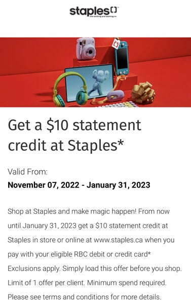 [Staples] Hot! RBC Offer (YMMV): Get a $10 Statement Credit on $50 ...
