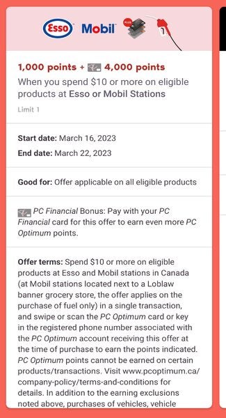 [Esso and Mobil] Earn 1000 PC Points for every $10 spent on gas ...