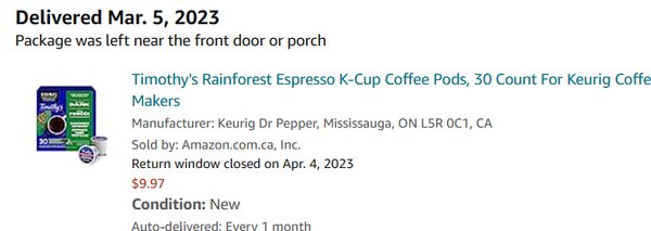 [Amazon.ca] Timothy's Rainforest Espresso, 48 K-Cup Coffee Pods, $25.99 ...