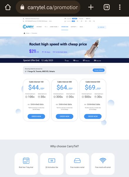 [Carrytel telecom] Cable Internet 1000 $39.99* - 3 months then 49.99 ...