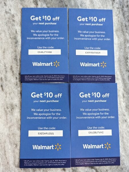 [Walmart] 4 coupons available for $10 off $75 WM online grocery ...