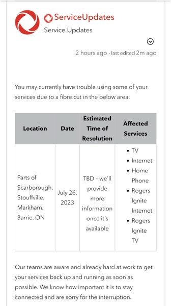 Major GTA Rogers cable internet outage July 26 since around 7-ish pm ...