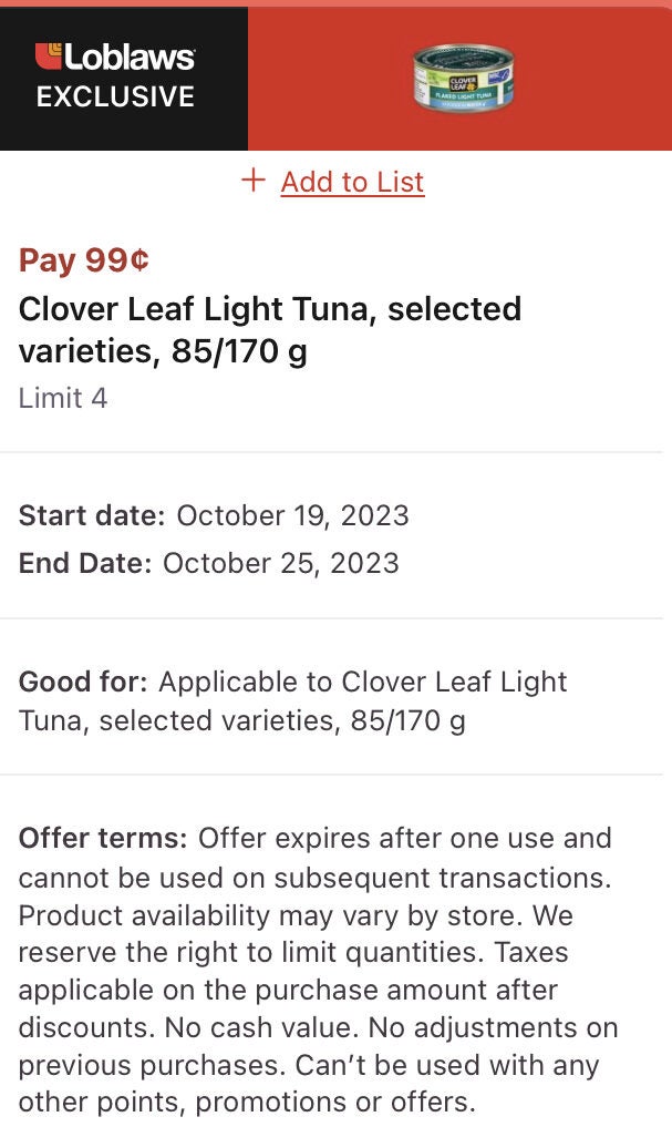 [No Frills] $0.99, Clover LEAF Chunk or Flake Light Tuna in Water, 170 ...