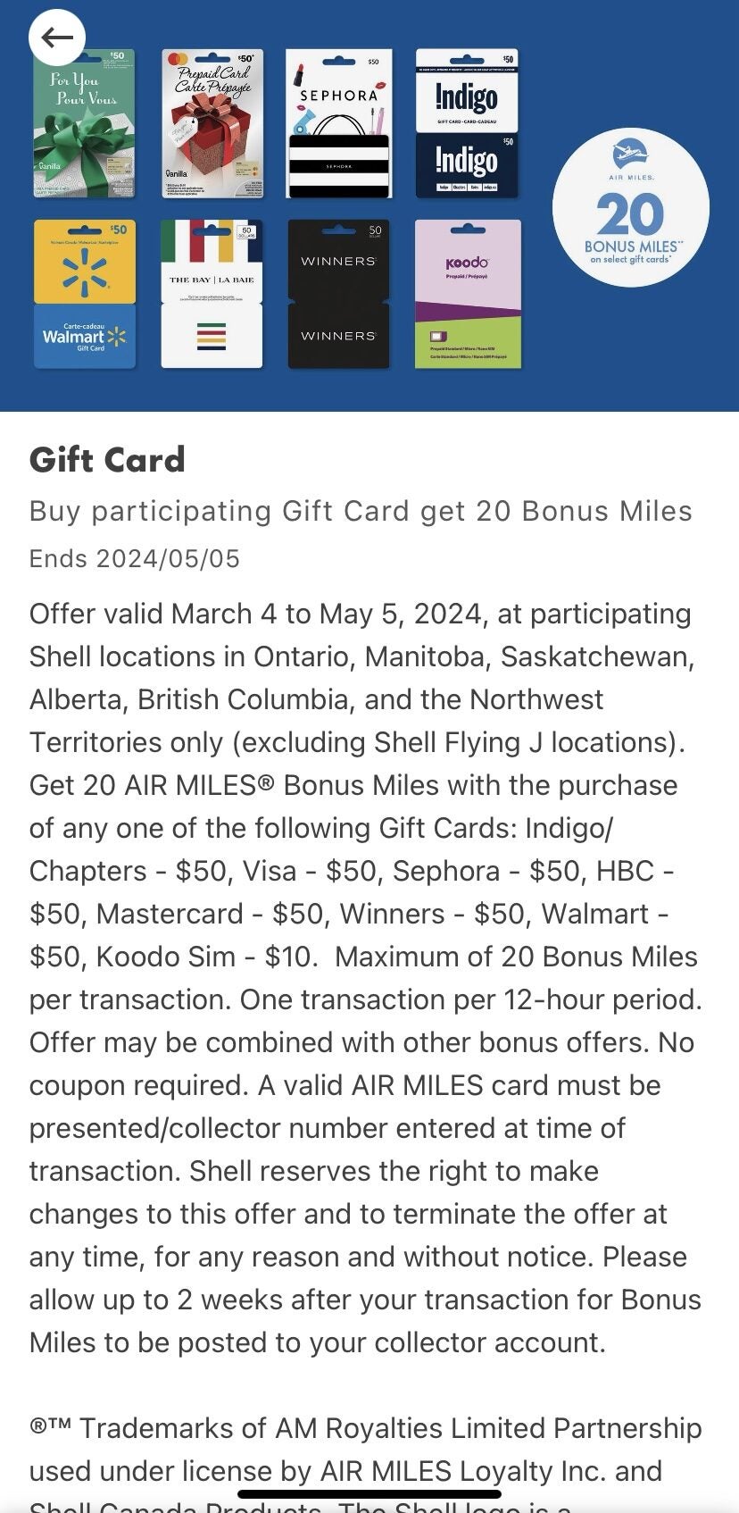 [Shell] 20 bonus air miles for gift card purchase - RedFlagDeals.com Forums