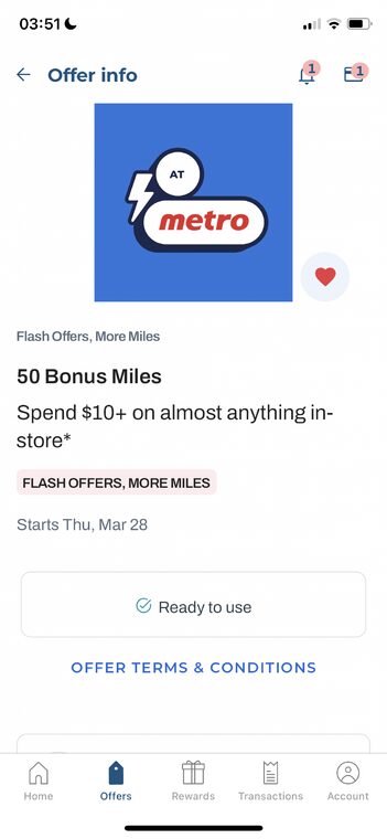 [Metro] Earn 50 Bonus Miles for spending $10+ at Metro on March 28 ...
