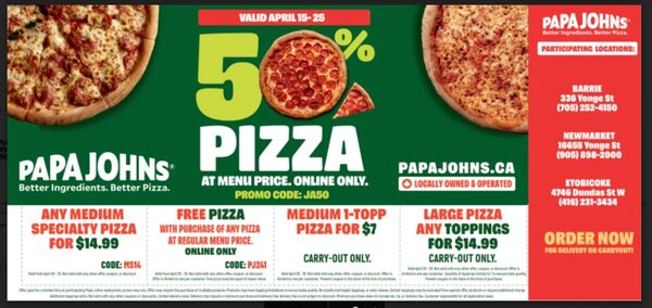 [Papa John's Pizza] 50% off Pizza at menu price from April 15-25 ...