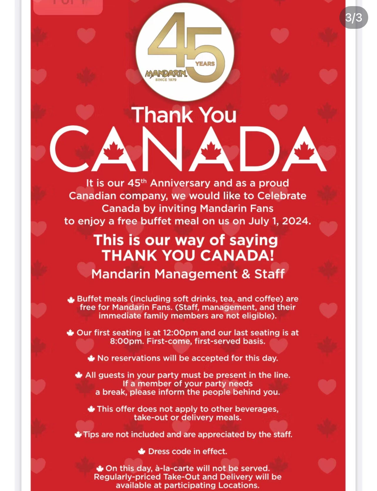 [Mandarin] Free buffet on Canada Day (Ontario) - RedFlagDeals.com Forums