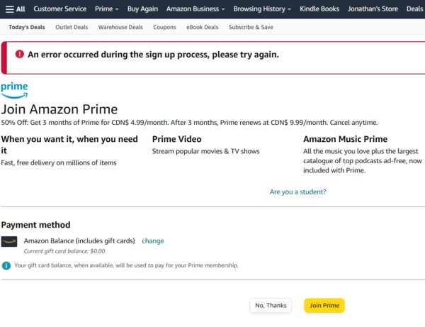Can't sign up for Amazon Prime - RedFlagDeals.com Forums