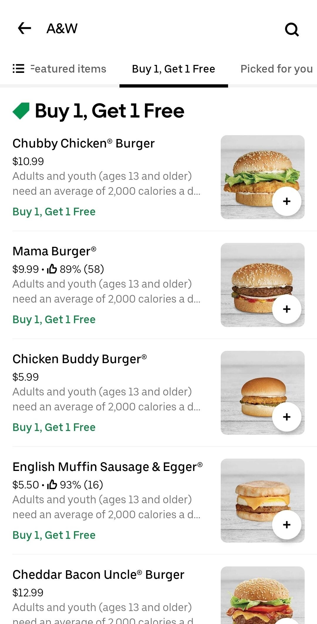 [Uber Eats] A&W Chicken Buddy Burger BOGO $3.73 for 1, ~$2 each pickup ...