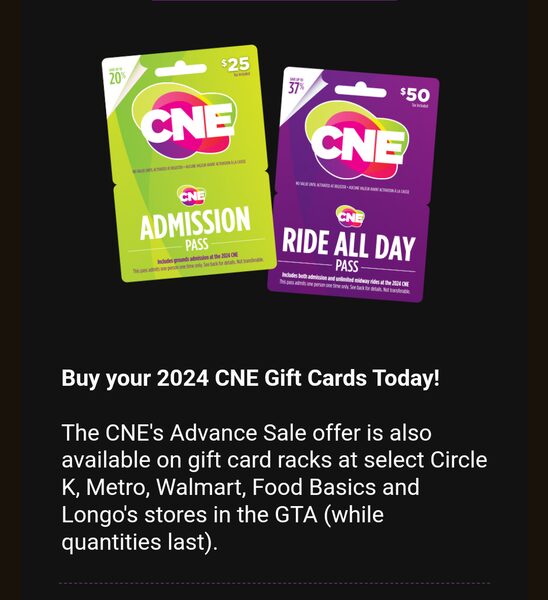 Ontario - CNE Advanced Tickets $25.38 Admission, $48.38 Rides ...