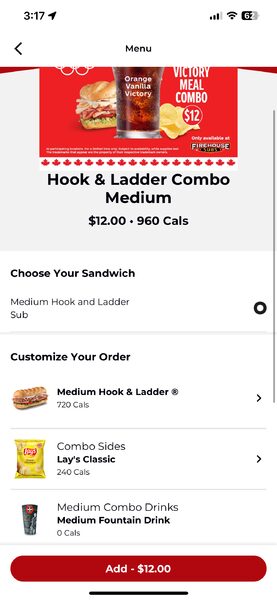 [Firehouse Subs] Victory Combo $12 medium Hook & Ladder combo ...