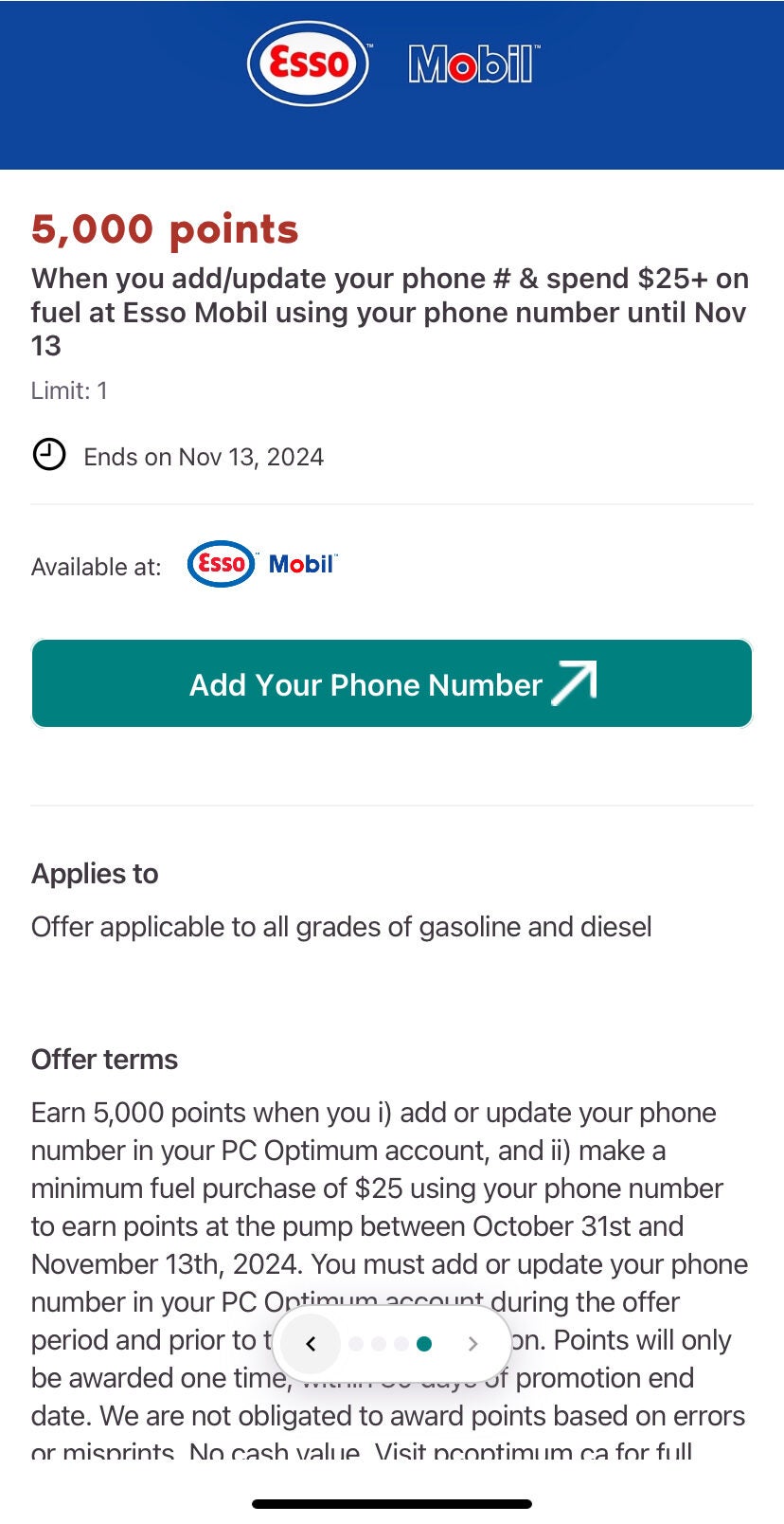 [Esso] 5,000 PCO points when you add/update your phone# and spend $25 ...