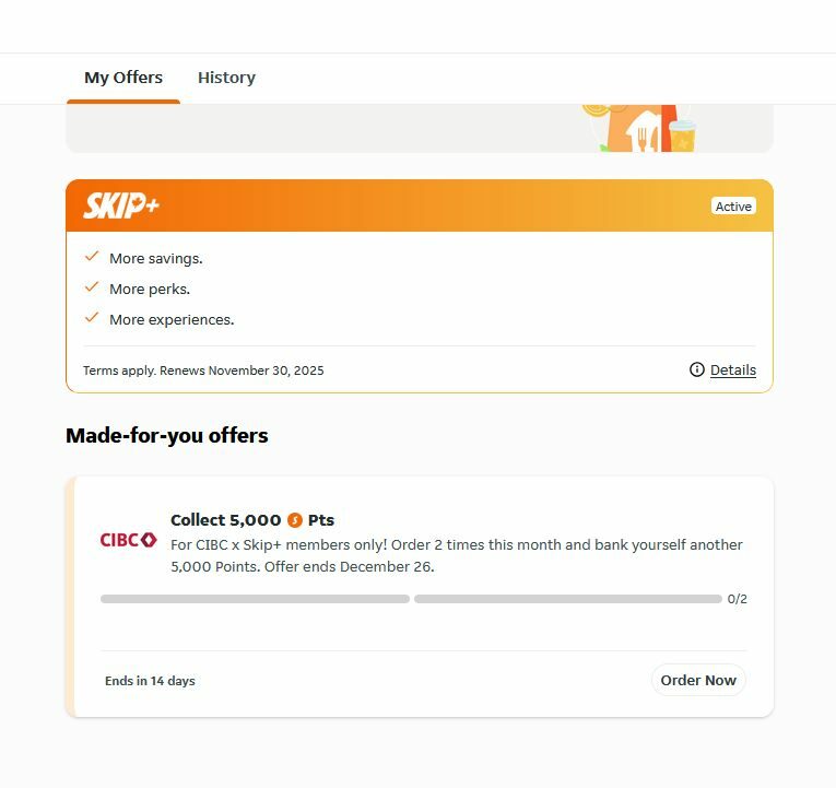 [Skip] Skip+ CIBC members, offer of 5000pts on an order $20+ by Dec 16 ...