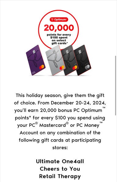 [PC Financial] 20k PC points for every $100* spent on Ultimate One4all ...