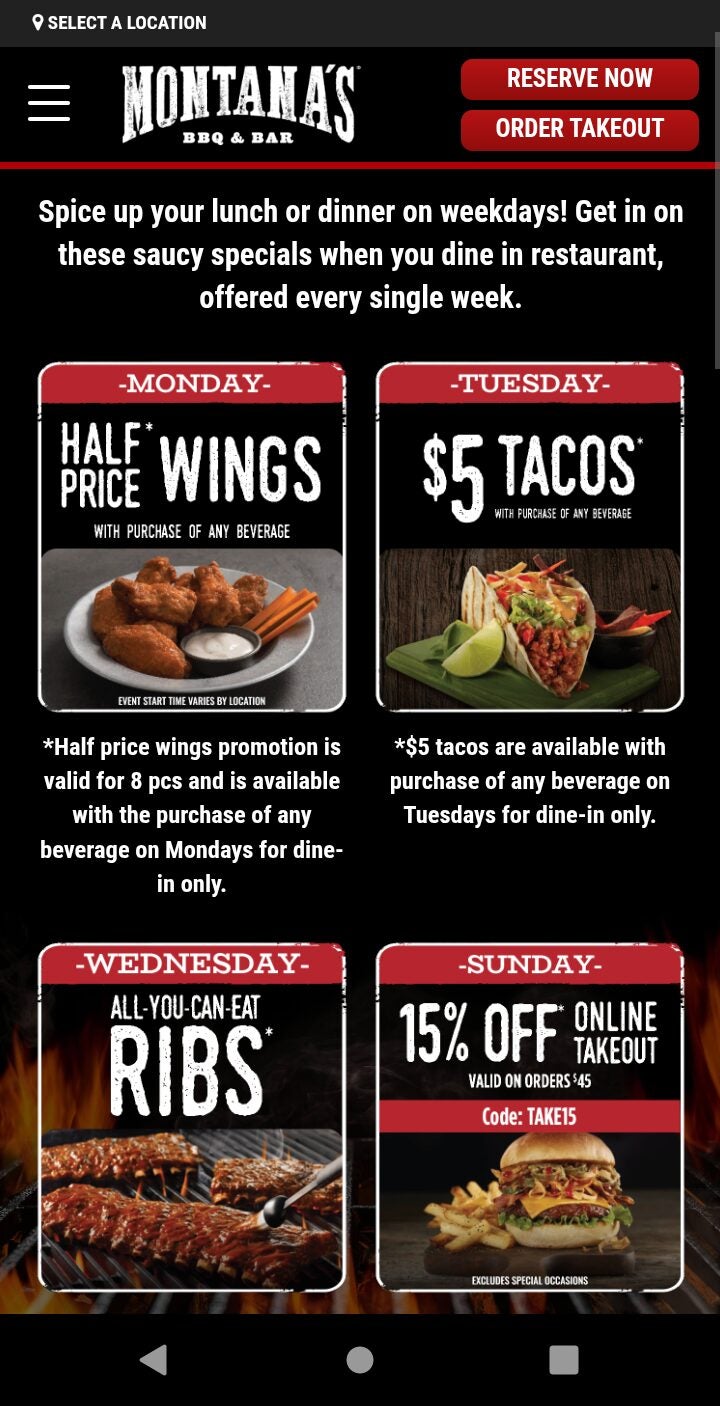 [Montana's] Daily deals on Wings, Taco's, AYCE Ribs, Drinks ...
