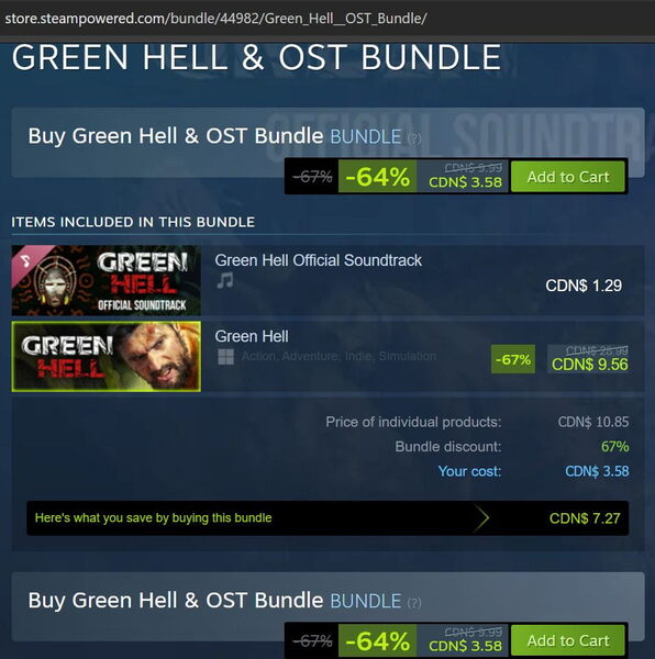 [STEAM] 'Green Hell & OST Bundle' (base game RRP $28.99, sale $9.56 ...