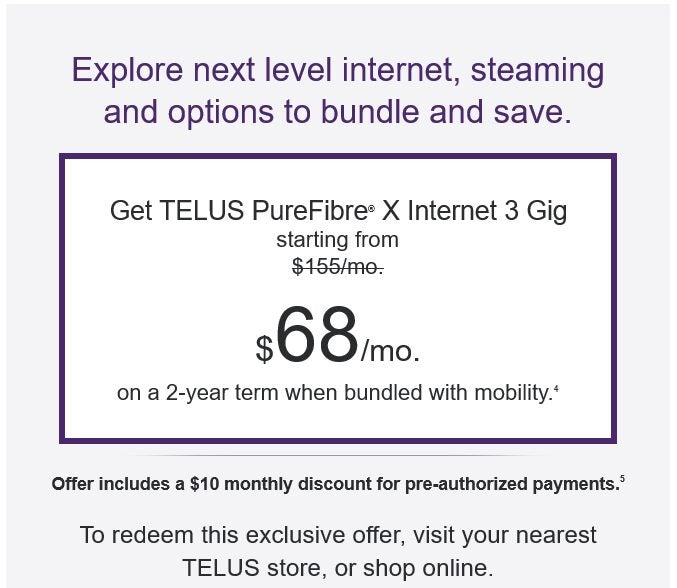 [Telus] Telus EPP $40 100GB CAN/US & $68 Fibre X Internet 3Gig (YMMV) - RedFlagDeals.com Forums