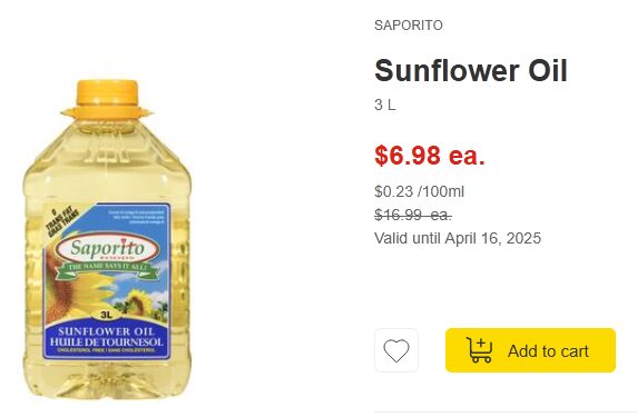 [Food Basics] Saporito Sunflower Oil $6.98/3L (may be GTA only) - RedFlagDeals.com Forums