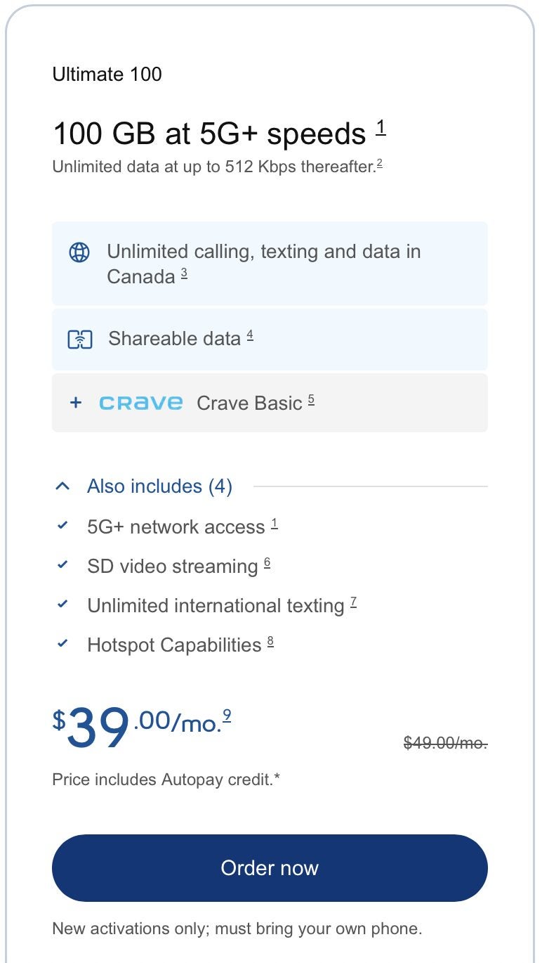 [Bell] $39 100GB 5G+ with Crave - $55 200GB 5G+ Can/US/Mex with Crave for Existing Internet ...