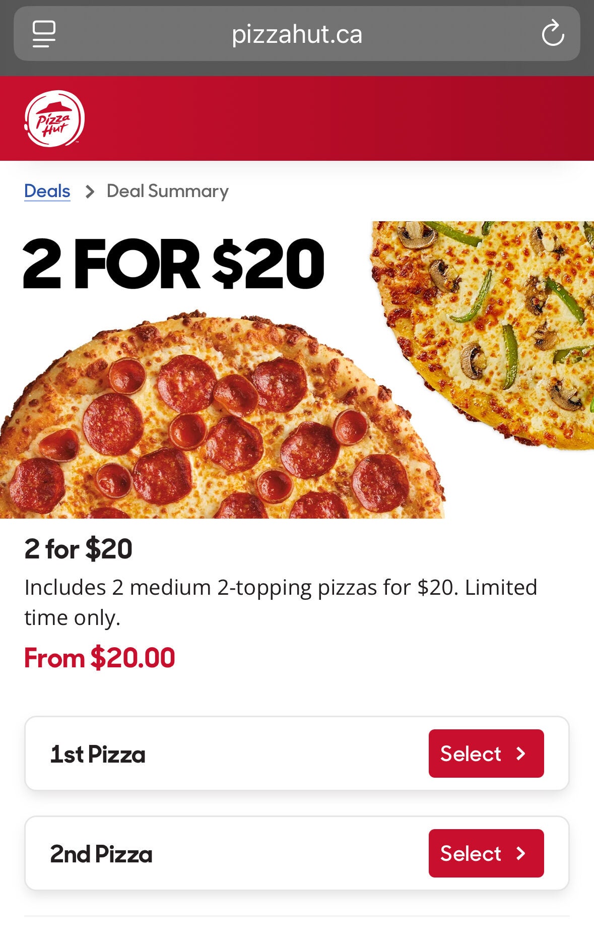 [Pizza Hut] 2 for $20 - 2 medium two-topping pizzas - RedFlagDeals.com ...