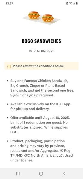 [KFC] APP BOGO sandwiches until August 10 - RedFlagDeals.com Forums