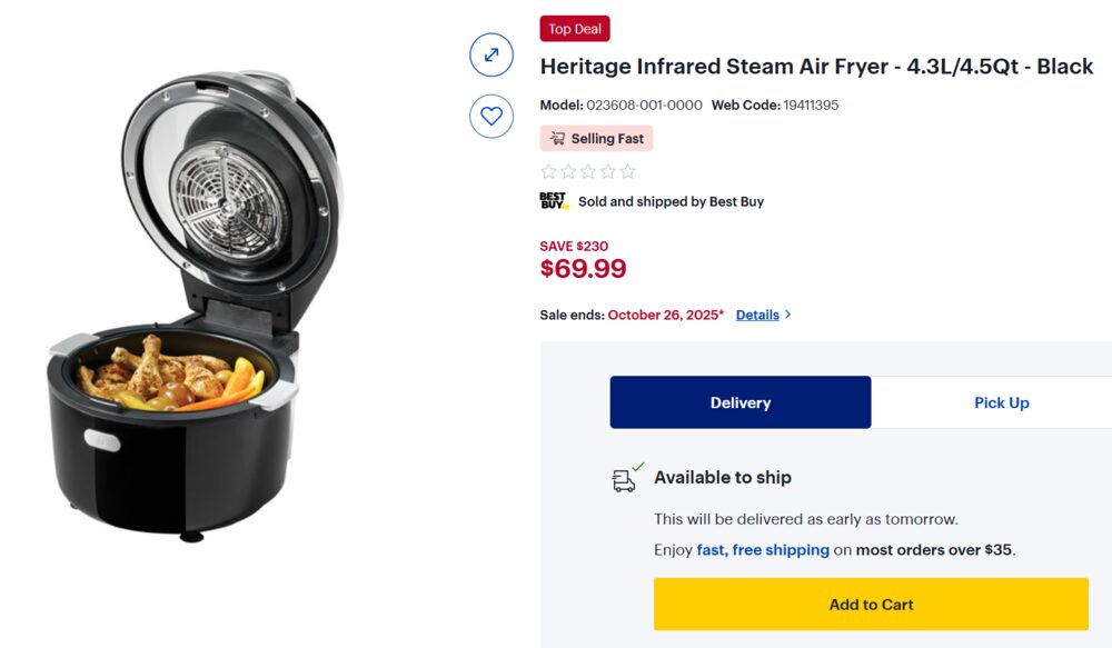[Best Buy] $69.99 Heritage Infrared Steam Air Fryer - 4.3L/4.5Qt ...