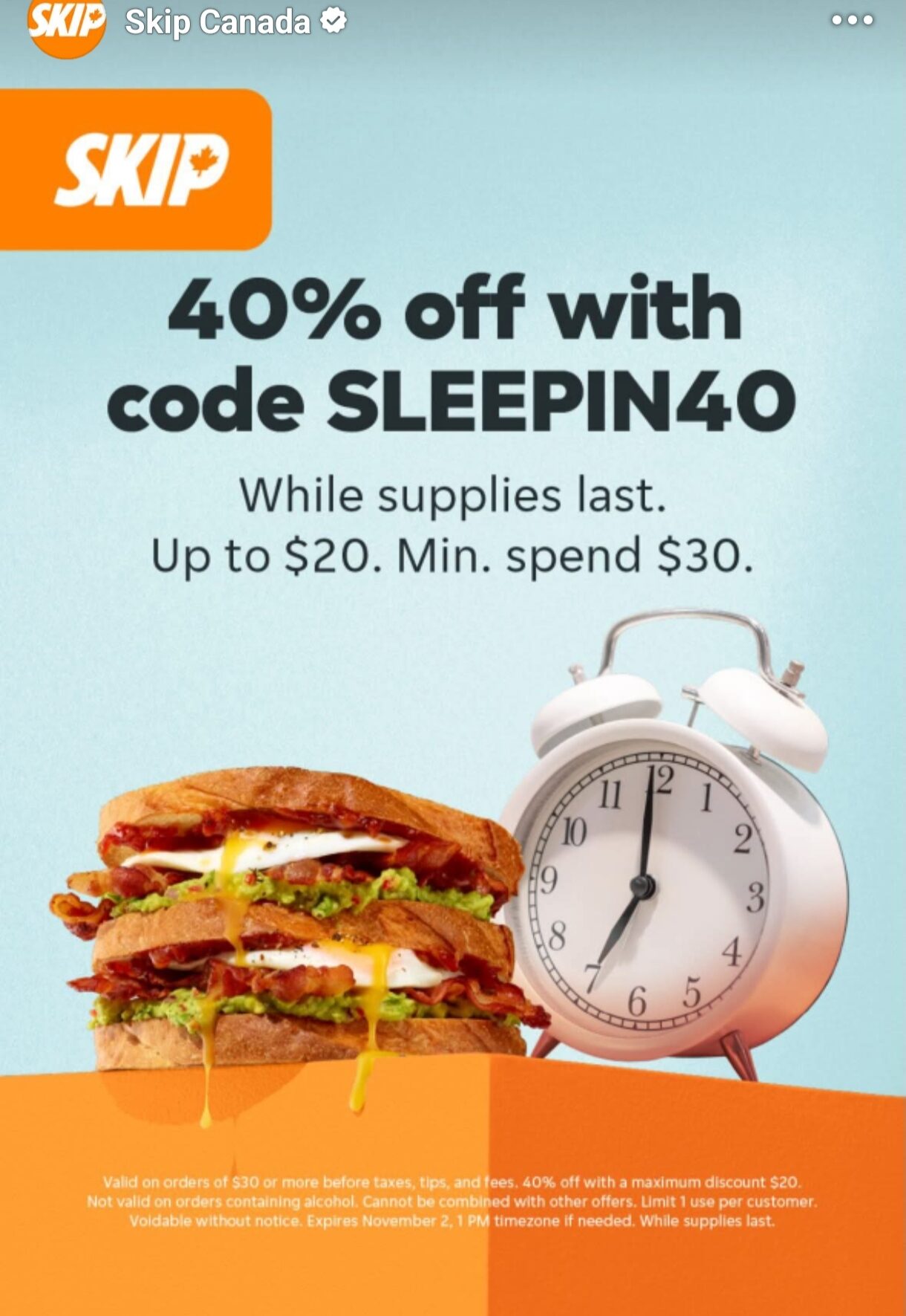 [Skip The Dishes] 40% off $30 minimum order (upto $20 discount ...