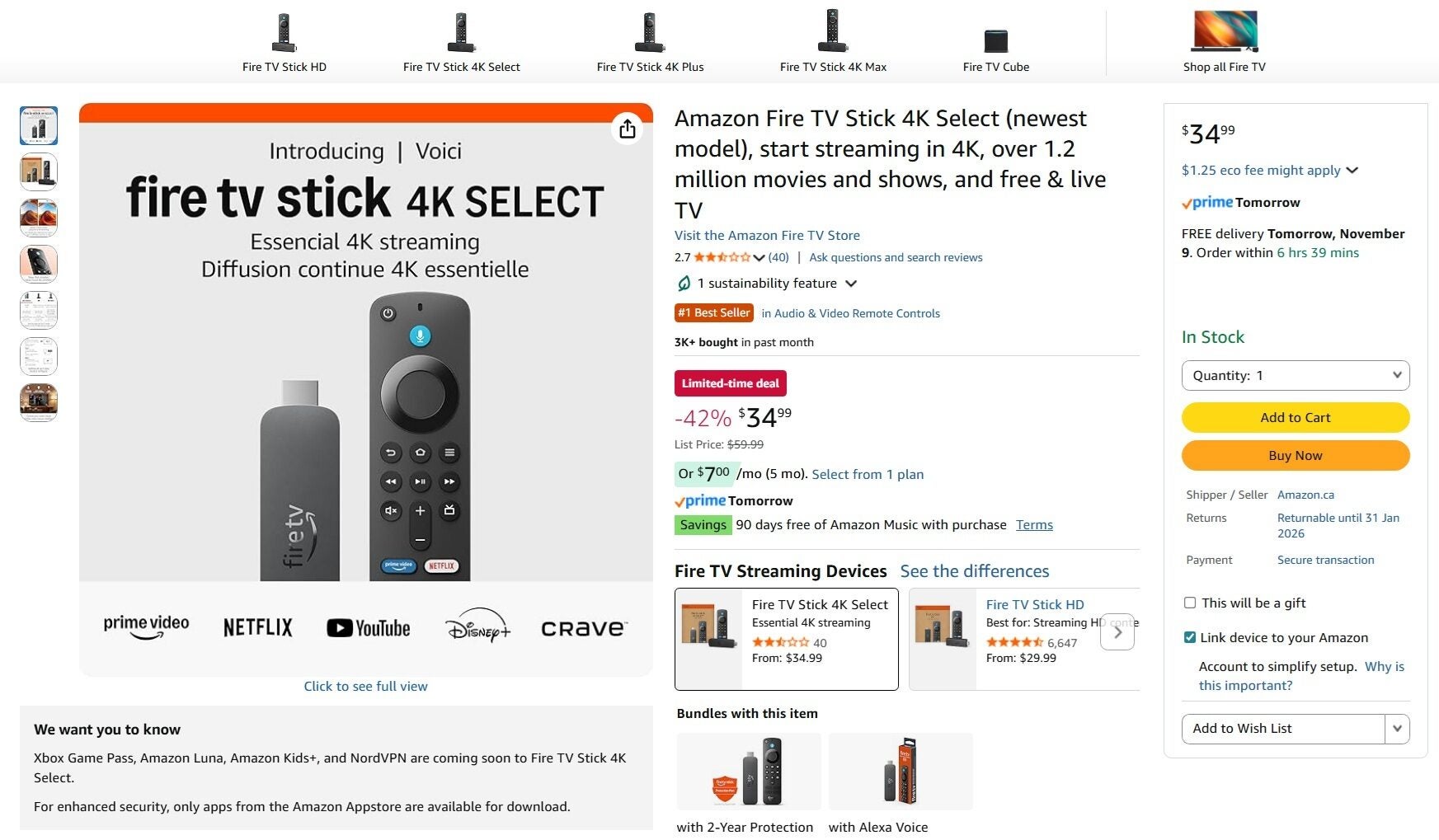 [Amazon.ca] Amazon Firestick 4K Select with remote Only $35 HD Version ...