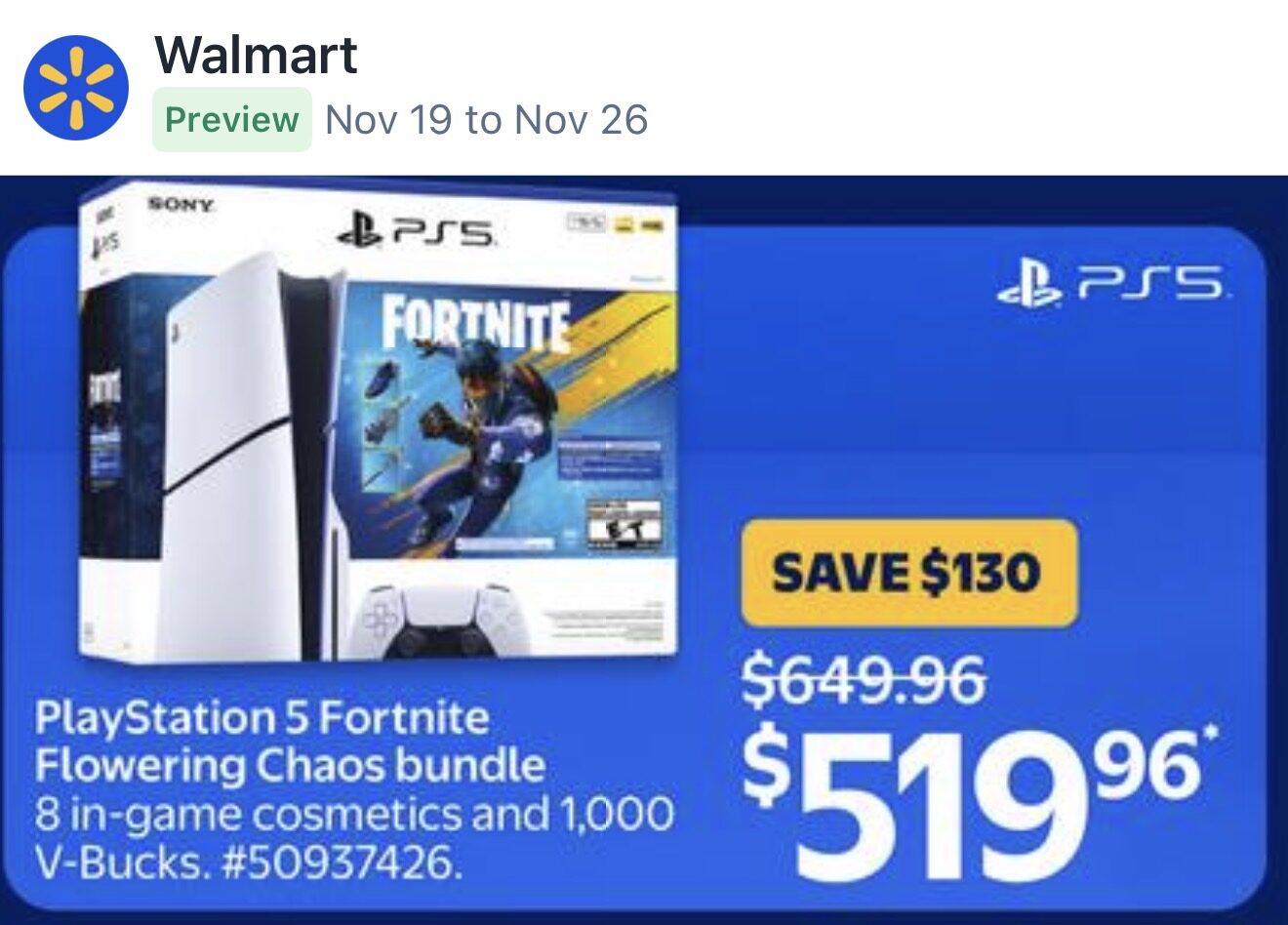 [Walmart] PS5 Console (Slim) Disk version Fortnite Flowering Chaos ...