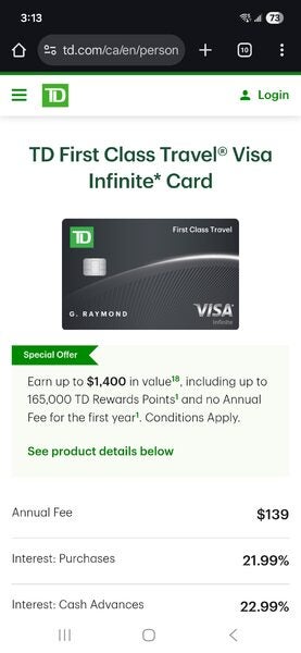 [TD Bank] TD First Class Travel Visa Infinite Card - 165K TD Rewards ...
