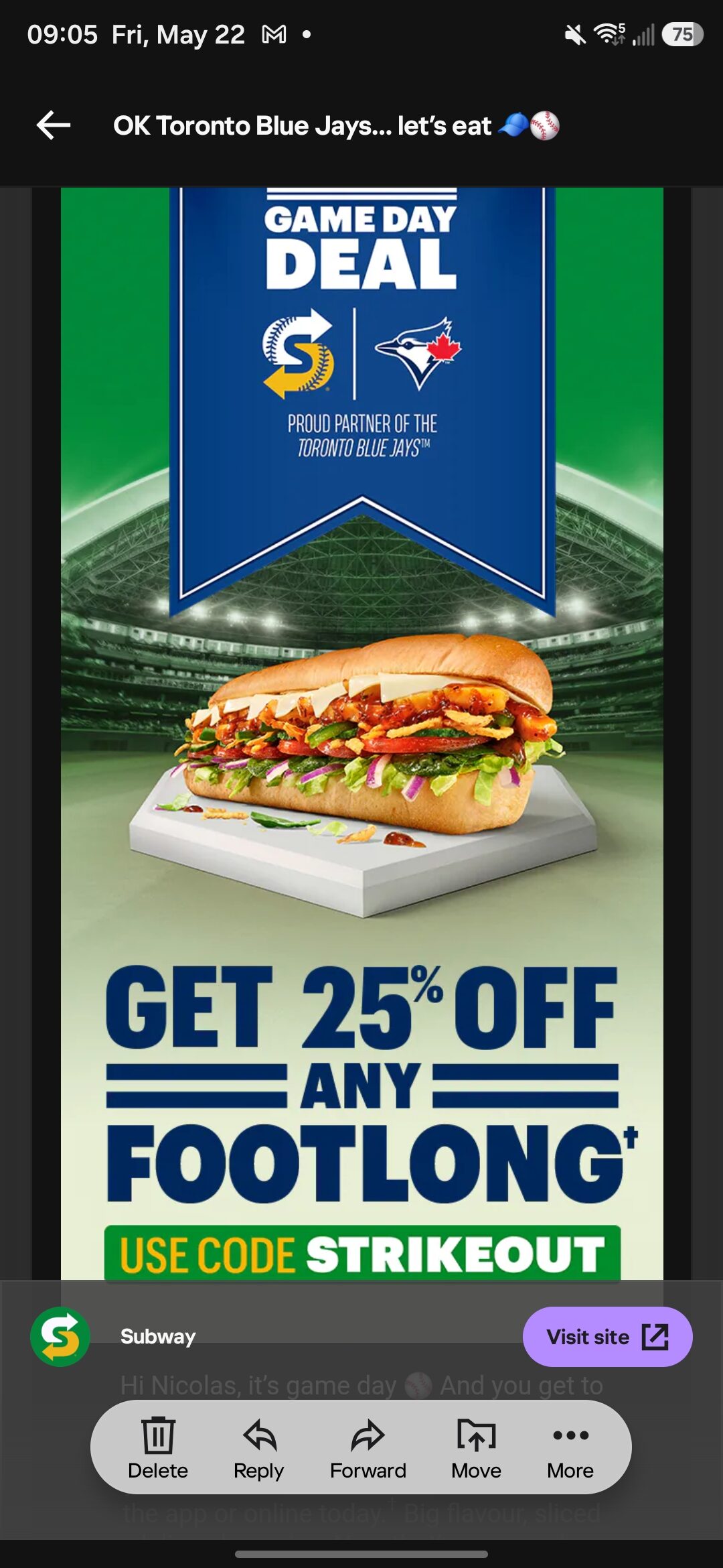 [Subway] Subway - 25% off footlongs on Blue Jays game days ...