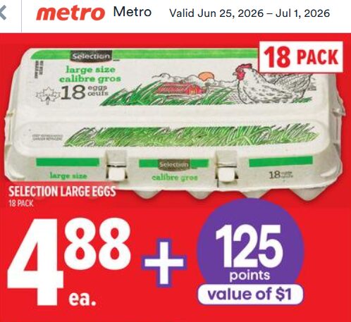 [Metro] [ON] Selection Large Eggs 18 pack $4.88 + 125 points (June 25 ...